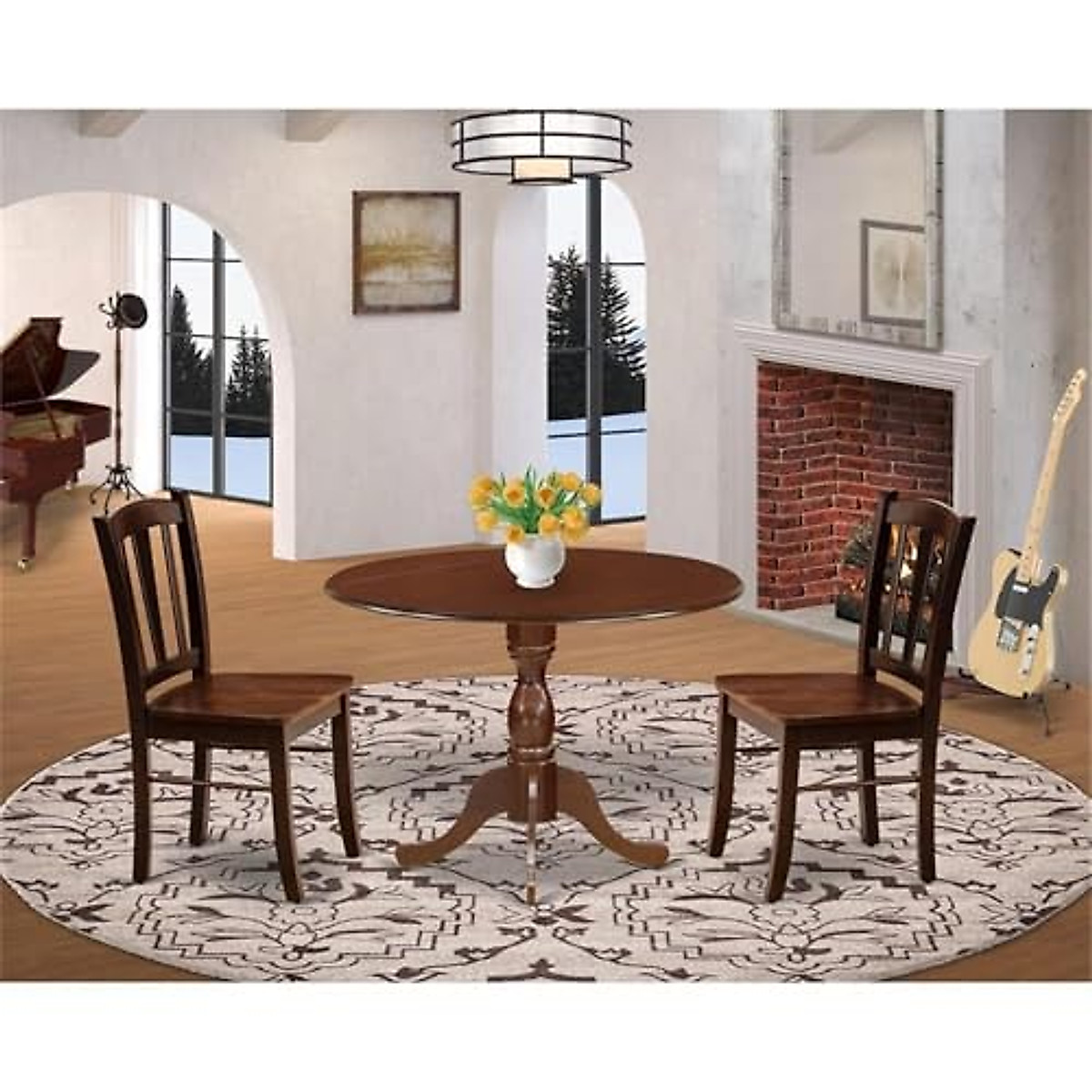 East West Furniture DMDL3-MAH-W 3 Piece Dining Set Contains a Round Dining Table with Dropleaf and 2 Kitchen Chairs, 42x42 Inch, Mahogany