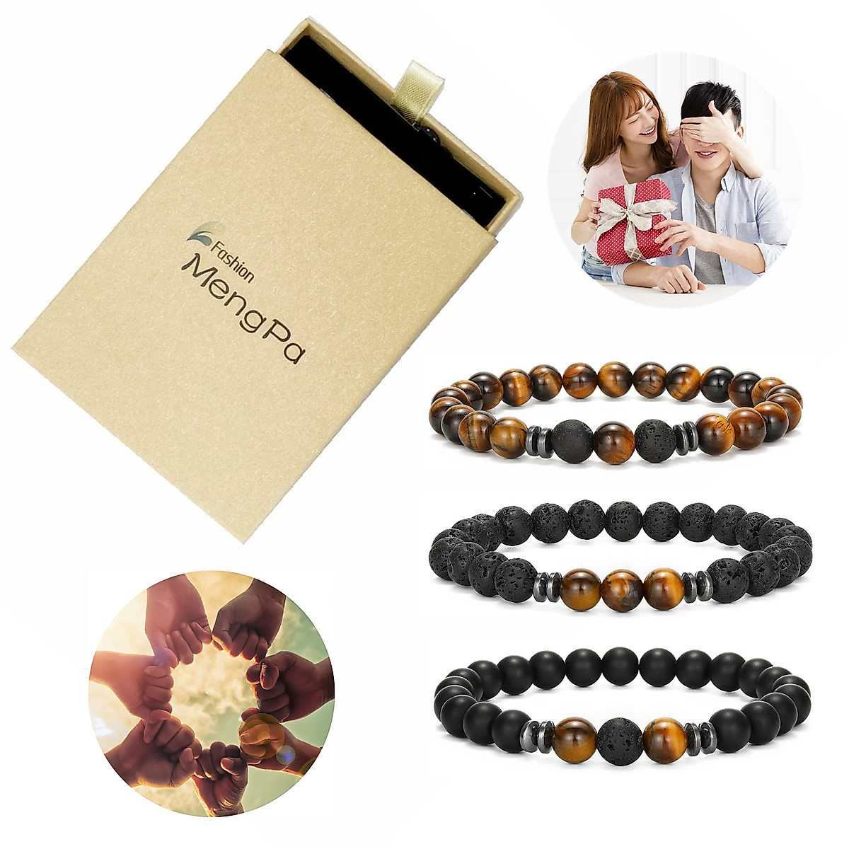 MengPa Mens Beaded Bracelets Matte Lava Rock Volcanic Stone Beads for Women Stretch Bracelet Brown Tiger Eye Fashion Jewelry US4543C