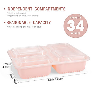 Glotoch Express Meal Prep Container 3 Compartment, 15 Packs 34 oz To Go Containers, Plastic Containers With Lids For Storage-Microwave&Freezer&Dishwasher Safe, Eco-Friendly, BPA-Free&Stackable, Pink