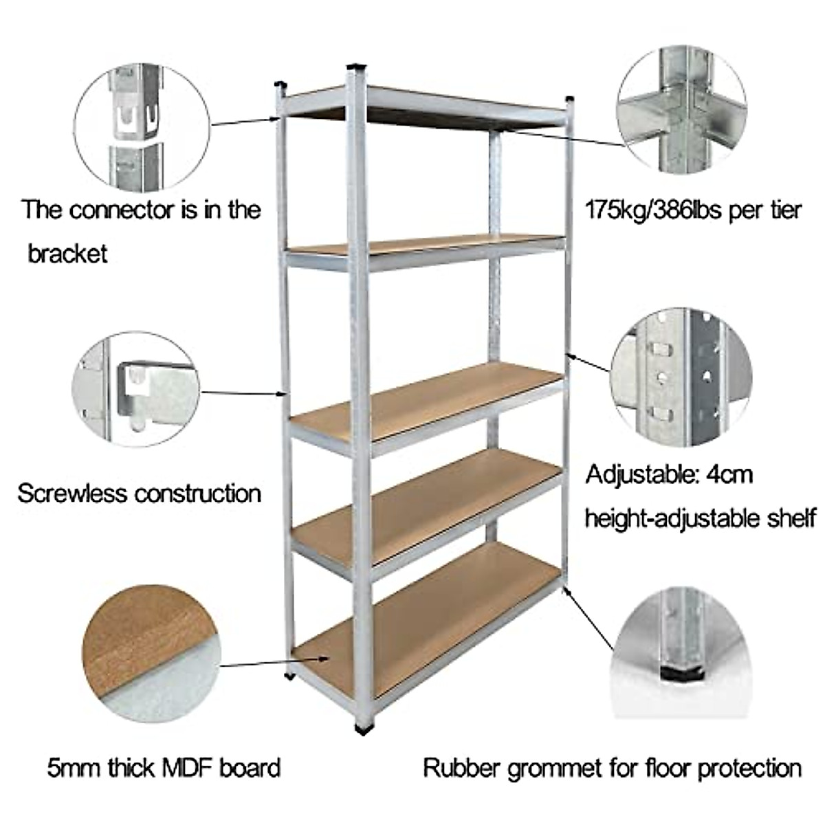 Garage Shelving Heavy Duty, 5 Level Steel Storage Shelves, Adjustable Metal Shelf Storage Unit Organizer System, Storage Rack for Home, Garage, Basement, Laundry, 150cmx70cmx30cm, (Black)