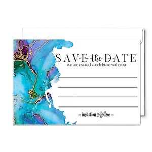 Paper Clever Party Teal and Purple Save the Date with Envelopes, All Occasion Cards for Wedding Invitations, Birthday, Graduation, Modern Watercolor, 3.5x5, 25 Pack
