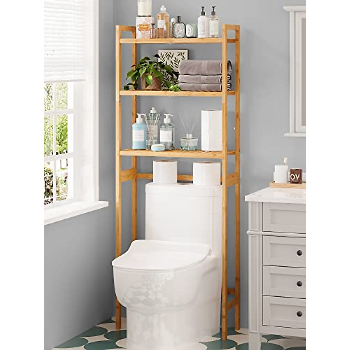 AMBIRD Over The Toilet Storage, 3-Tier Bathroom Organizer Over Toilet with Sturdy Bamboo Shelves,Multifunctional Toilet Shelf,Easy to Assemble and Saver Space, 25 * 10 * 64 Inches (Original Color)
