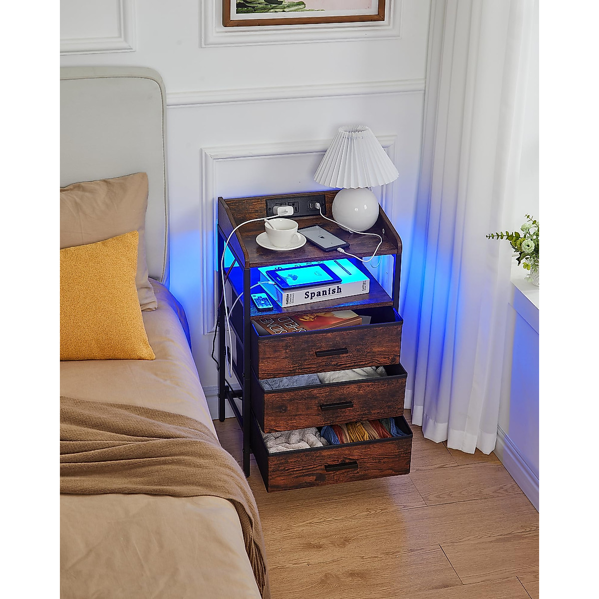 Hzuaneri Nightstands with LED Lights and Charging Station, End Table with 3 Fabric Storage Drawers and Shelves, Modern Side Table, Bedside Tables for Bedroom, Set of 2, Rustic Brown NS31101B