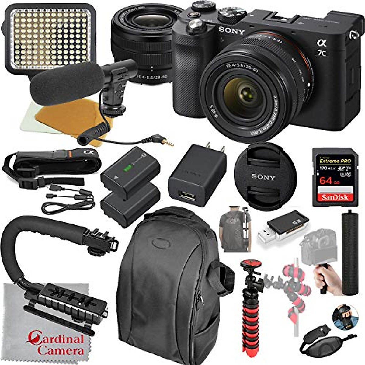 Cardinal Camera-Sony Sony Alpha a7C Mirrorless Digital Camera with 28-60mm Lens (Black) Video Bundle + LED Video Light + Microphone + Extreme Speed 64GB Memory(20pc Bundle) ILCE7CL/B full-size