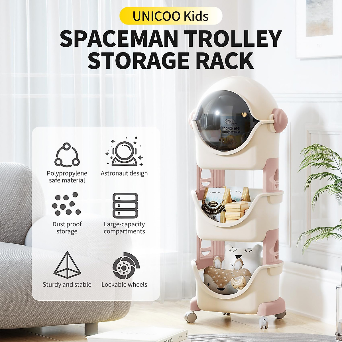 UNICOO Kids Spaceman Toy Storage Organizer, 3-Tier Stackable Plastic Rolling Cart, Multi-Functional Children's Storage Rack Shelf with Wheels for Playroom, Bedroom, Classroom, Nursery (Pink & White)