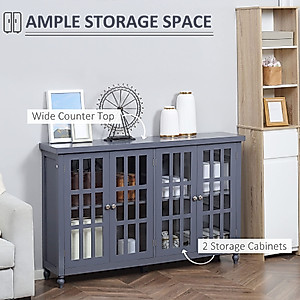 HOMCOM Sideboard, Buffet Cabinet with 4 Tempered Glass Doors, Stripe Pattern and Adjustable Storage Shelf, Credenza, Gray