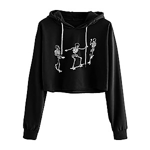 Remidoo Women's Casual Skull Print Long Sleeve Crop Top Hoodie Sweatshirt SK-Black Medium