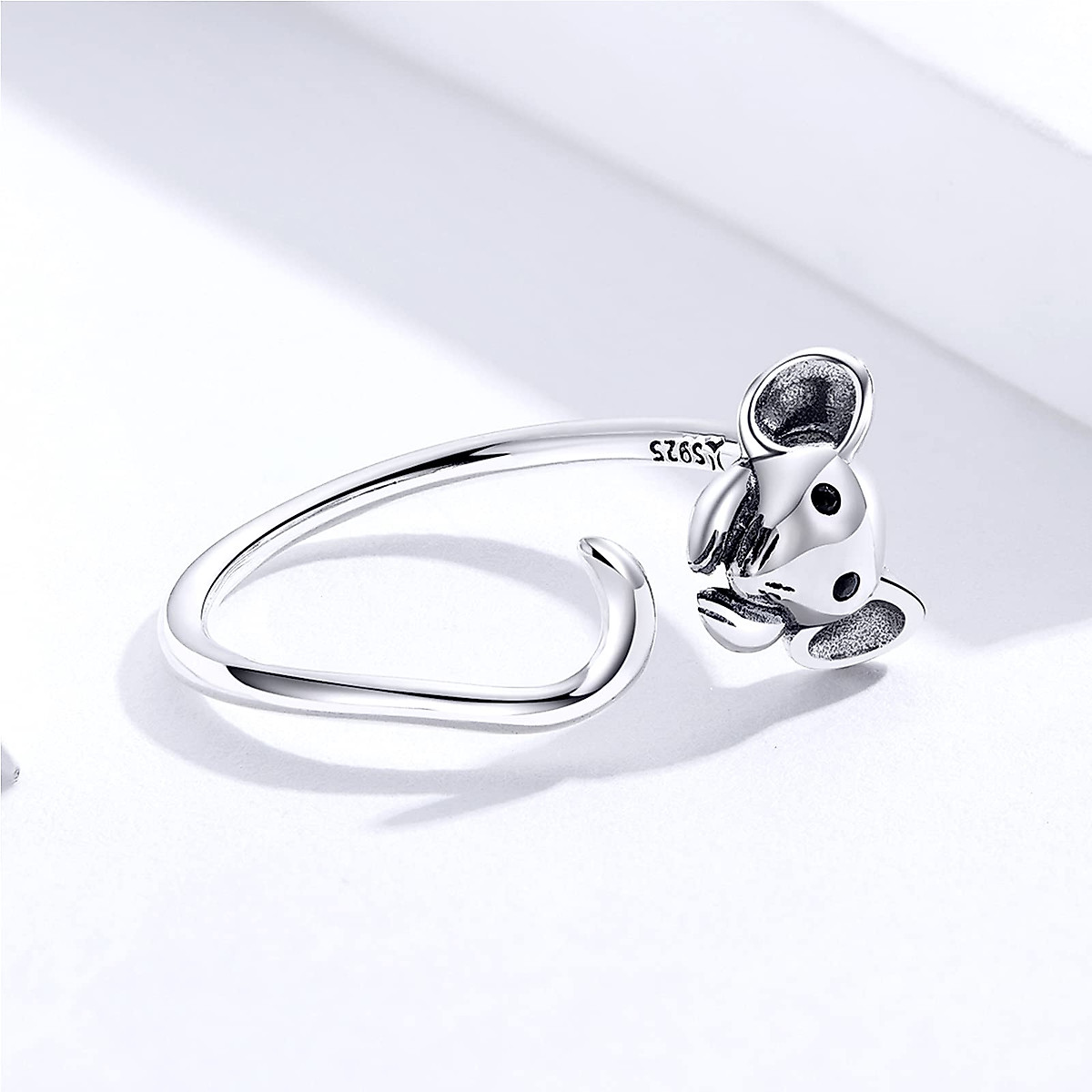 Qings Cute Mouse Ring 925 Sterling Silver Cubic Zirconia Open Ring, Adjustable Animal Wrap Ring Jewelry Gift for Women