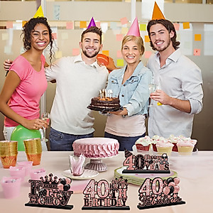 4pcs 40th Birthday Decorations Wooden Table Centerpieces for Women, Rose Gold Pink 40th Birthday Table Sign Party Supplies, Hello Forty Cheers to 40 Years Bday Table Decor