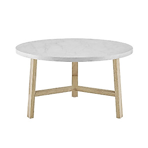 Walker Edison Mid Century Modern Round Coffee Table Living Room Accent Ottoman Storage Shelf, 30 Inch, Marble and Brown