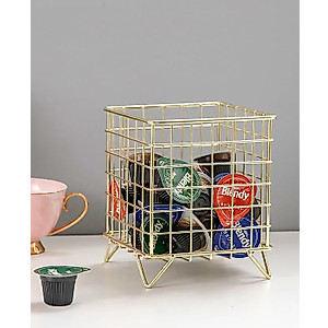Alunsito Coffee Pod Holder Metal K Cup Rack Large Capacity Wire Storage Container Square Basket Organizers for Espresso, Tea, Snacks, Small Fruit, Rose Gold, 5.3*5.3*6.3in