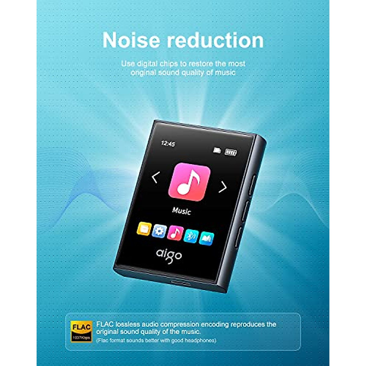 【2023 New Edition】 aigo 32GB Bluetooth 5.0 MP3 Player, Portable Touch Screen HiFi Lossless Sound Music Player with Bulit-in Speaker, FM Radio, Voice Recorder, E-Book, Support Up to 128G
