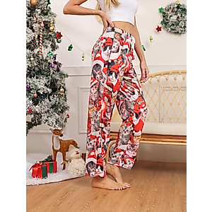 RAISEVERN Women Christmas Pajama Pants Cat Santa Hat Print Loose Ugly Xmas Sleep Bottoms Drawstring Wide Leg Pjs with Pockets Sleepwear M