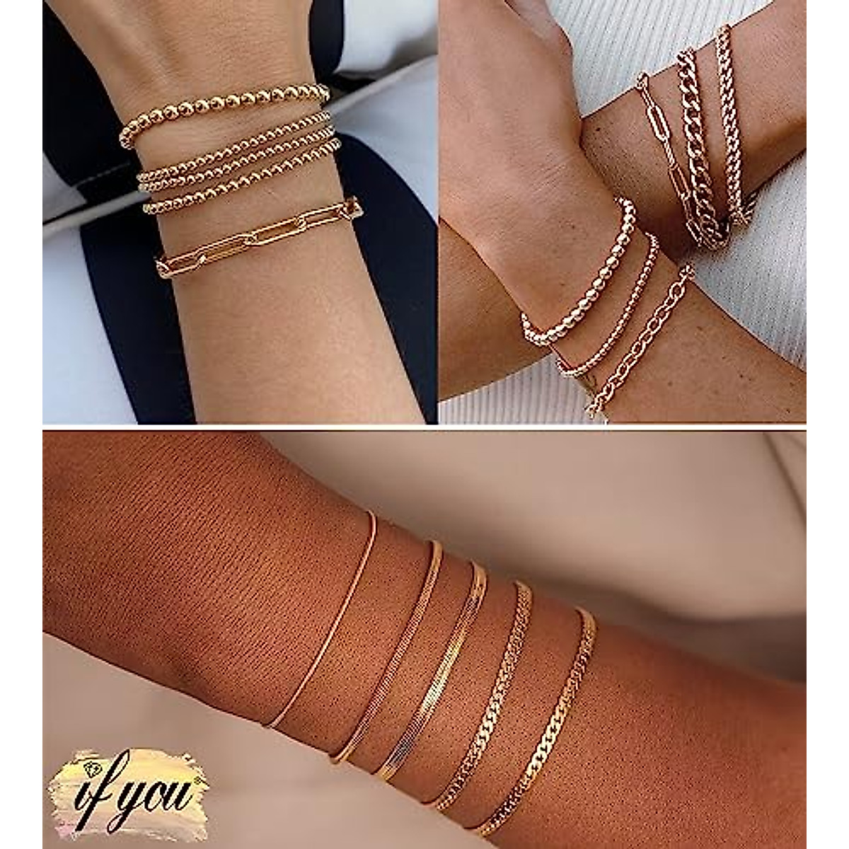 Gold Bracelets for Women, 14K Gold Plated Dainty Bracelets Set, Layered Chain Bracelets Pack Jewelry Gifts (B-8 pack gold bracelets)