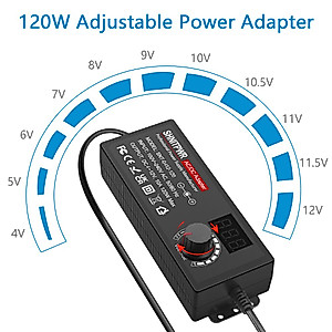 SHNITPWR 4V - 12V Power Supply 10A 120W AC to DC Adapter DC 4V 4.5V 5V 6V 7V 8V 9V 10V 11V 12V Voltage Adjustable Universal Power Converter Transformer 100-240V AC In with 14 Tips & Polarity Converter