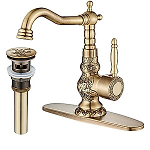 Senlesen Antique Brass Swivel Spout Bathroom Faucet Vanity Sink Mixer Tap and Pop Up Drain with Overflow