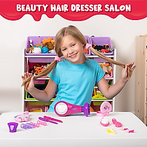 JOYIN 17Pcs Girls Beauty Salon Set, Pretend Play Doll Hair Stylist Toy Kit with Hairdryer, Mirror, Curling Iron and Other Accessories for Kids Toddler Fashion Cutting Makeup Party Favor, Birthday Gift