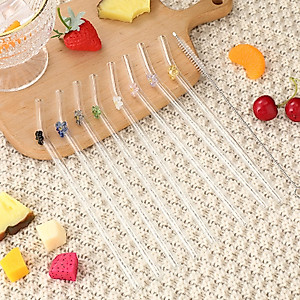16 Pieces Reusable Glass Straw with Flower Cute Colorful Glass Straws with Design 7.87 x 0.31" Shatter Resistant Bend Straws and Cleaning Brush for Cocktail Hot or Cold Drinks