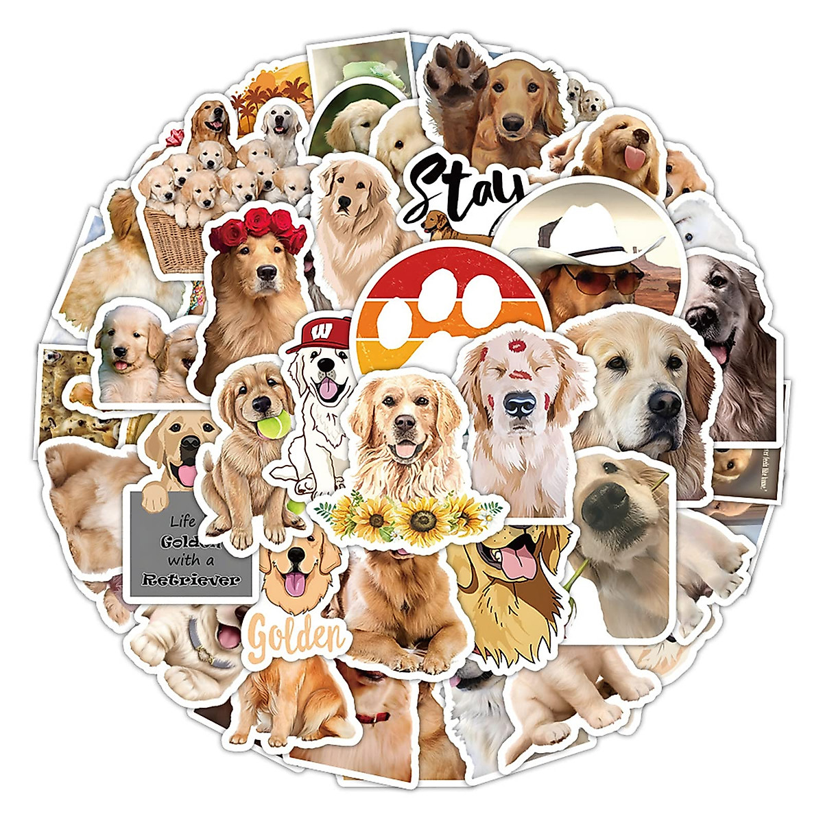 Asverbet Golden Retriever Dog Stickers, 50PCS Vinyl Waterproof Decals for Laptop, Water Bottle, Phone, Cartoon Style, Reusable