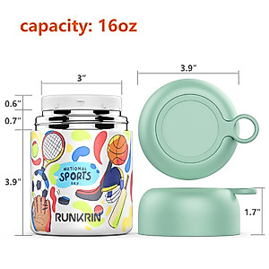 Insulated Food Jar for Hot Food, Runkrin 16oz Thermos Vacuum Double Wall Lunch Container with Spoon, Leak Proof Stainless Steel Thermal Bento Box for Kids Boys Girls Adults