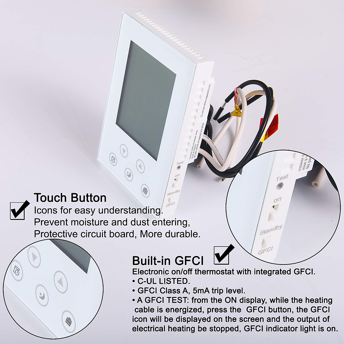 Programmable Thermostat for Radiant Underfloor Heating, Dual-Voltage(120/240v), Dual Sensing(Air and Floor Sensor) Built-in Class A GFCI White