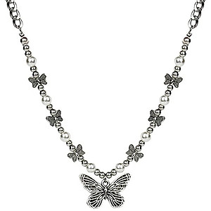 Grunge Butterfly Pearl Necklace Heavy Gothic Cyber Y2k Harajuku Necklace for Women Men