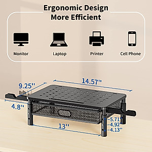 Zimilar Monitor Stand Riser with Metal Mesh Drawer, Height Adjustable Monitor Riser with Phone Holder for Computer Dual Glass Monitor Stand Riser, 3-Shelf Tempered Glass Monitor Stand