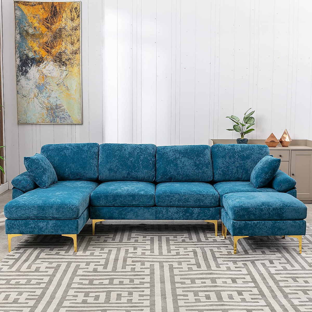 Pvillez Sectional Sofa with Chaise Lounge and Ottoman,Large Convertible Couches Set for Living Room,Plush Fabric L-Shape Couch with Golden Legs