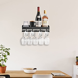 SIMVE Wine Rack Wall Mounted and Glass Holder Modern 15.7 Inch Bottle Floating Shelf with Stemware Hanger Metal Glassware Drying Storage Hanging Organizer for Home Bar Black
