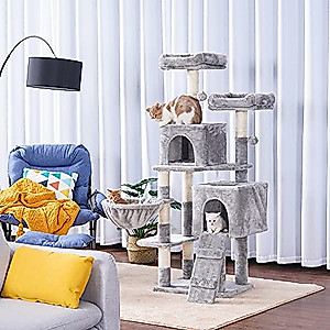 Hey-brother 58'' Multi-Level Cat Tree Condo Furniture with Sisal-Covered Scratching Posts, 2 Plush Condos, Hammock for Kittens, Cats and Pets Light Gray MPJ013M