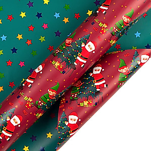 LeZakaa Reversible Christmas Wrapping Paper - Jumbo Roll - Santa Claus and Gnome & Colorful Star in Green - 24 inches x 100 Feet (200 sq.ft.)