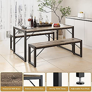 Gizoon 45.5" Dining Table Set for 4, Kitchen Dining Table with 2 Benches, Dining Room Table Set with Metal Frame & MDF Board, Space-Saving Dinette for Kitchen, Dining Room -Grey