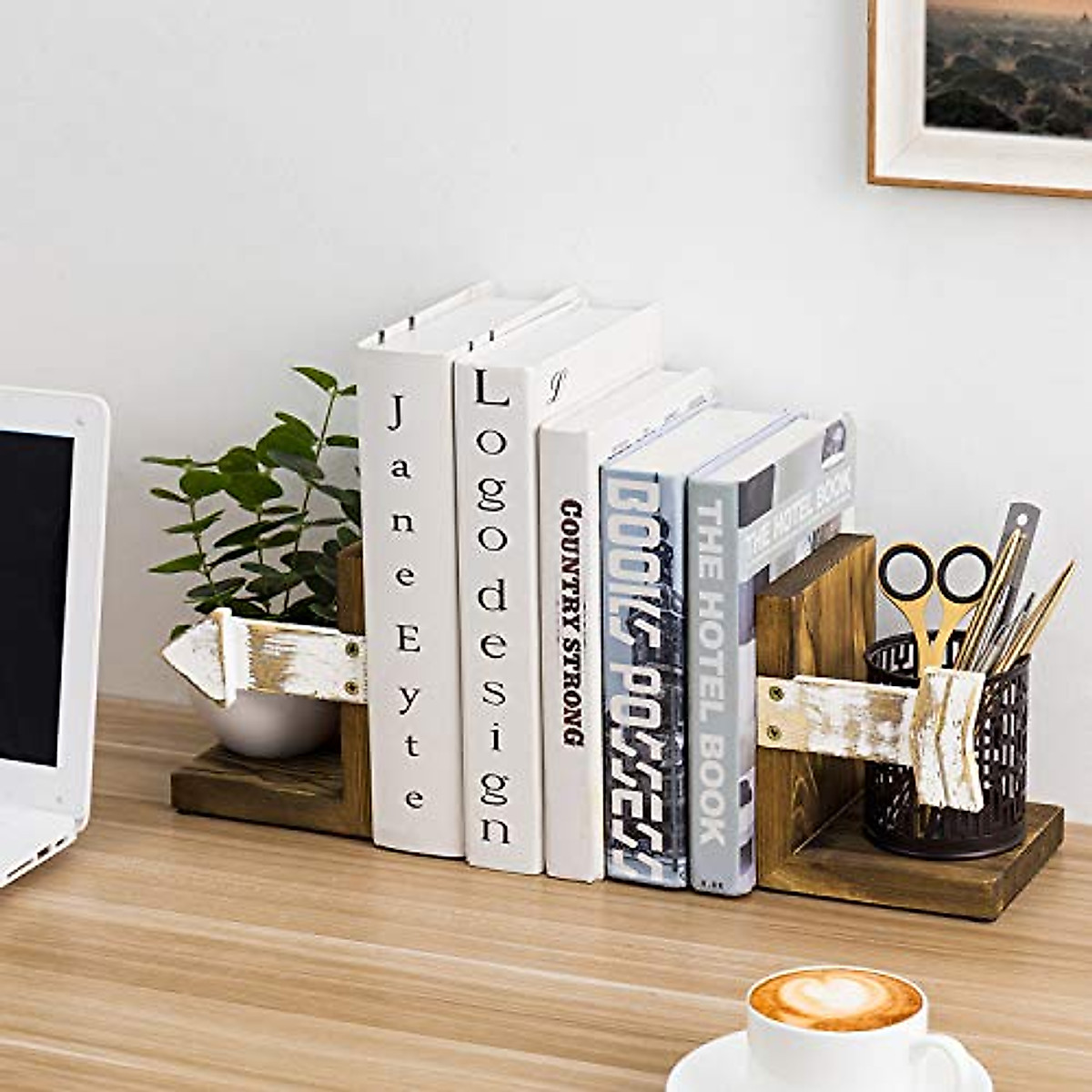 MyGift Rustic Burnt Solid Wood Decorative Bookend with Whitewashed Arrow Design, Office Desktop Book Support Stand, 1-Pair