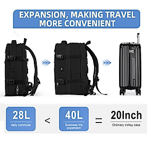 Large Travel Backpack for Women Carry On Airline Flight Approved Expandable Work Personal Item size Backpack Bag with Laptop compartment for College Men Hiking Waterproof Mochila de Viaje Black