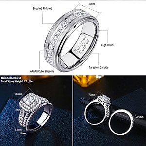 Newshe Wedding Rings Set for Him and Her Women Mens Tungsten Bands Princess Cz 2.3Ct Sterling Silver 8&10