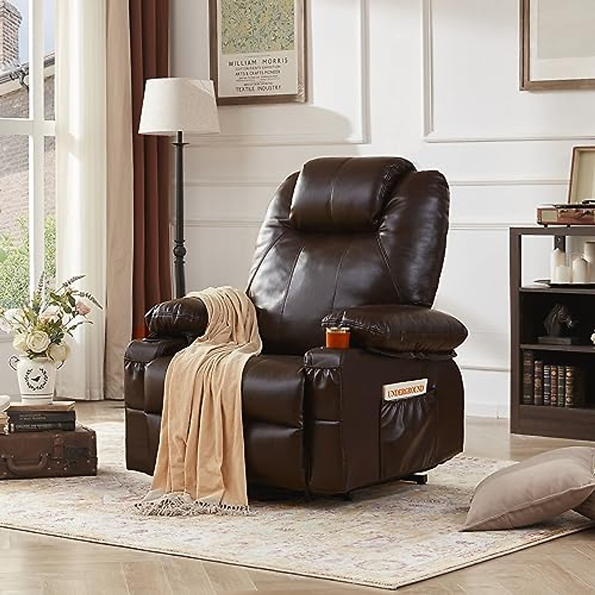 Weture Power Lift Recliner Chair with Heat and Massage for Elderly, Leather Electric Recliner Chairs with Cup Holders and USB Port, Big Oversized Recliner Chair for Seniors (Leather, Brown)