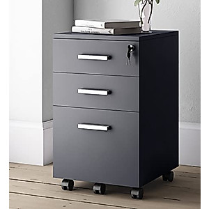 Lazio 26 Inch File Cabinet with Lock - Filing Cabinet for Home and Office - 3 Drawer File Cabinet with Wheels for A4 Sized Letters, Legal Sized Documents, Hanging File Folders - Black/Black