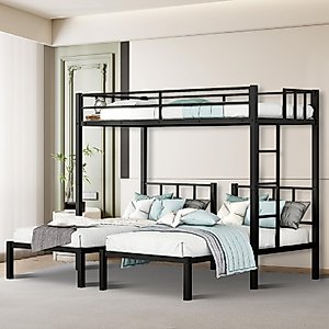 EMKK Bunk Bed Twin Over Twin Metal Bunk Bed with Trundle - Contemporary Space Saver for Kids and Teens,3 in 1 Triple Bunk Bed with Trundle,Bunk Beds Frame,Convertible Bunkbed with Safety Guard Rails
