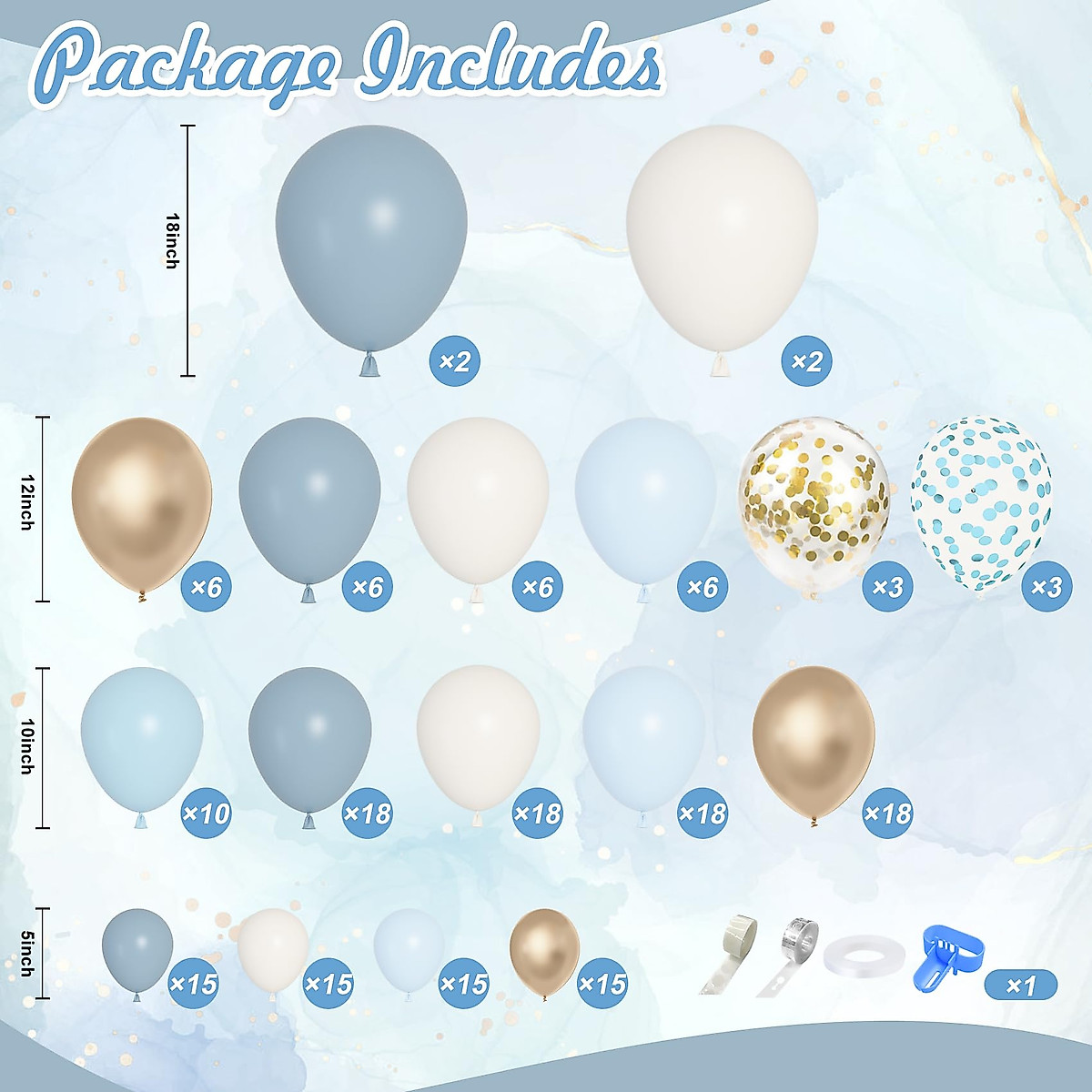 Ouddy Life 180Pcs Dusty Baby Blue Balloons Arch Garland Kit, Blue Baby Shower Decorations Boy with Fog Blue Sand White Chrome Gold Champagne Balloons for Birthday Boho Bridal Shower Party Decor