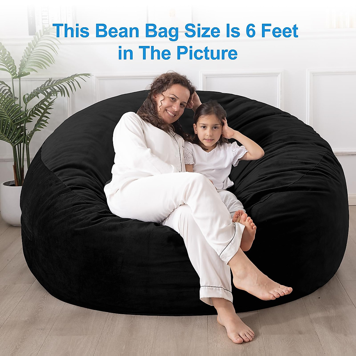 Large Bean Bag Chair: 4 ft Memory Foam Bean Bag Chairs for Adults/Kids,Bean Bag Chair with Fillings,Soft Faux Fur Fabric - Dutch Velvet, Black, 4 Foot