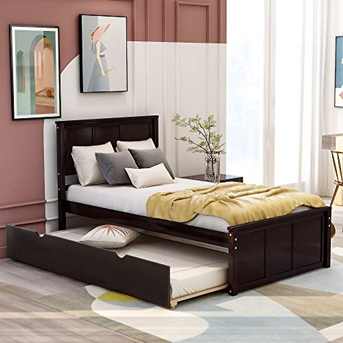 CITYLIGHT Twin Bed Frame with Trundle, Twin Trundle Bed with Headboard, Wood Twin Platform Bed for Kids,Girls,Boys or Guest Room,No Box Spring Needed,Espresso