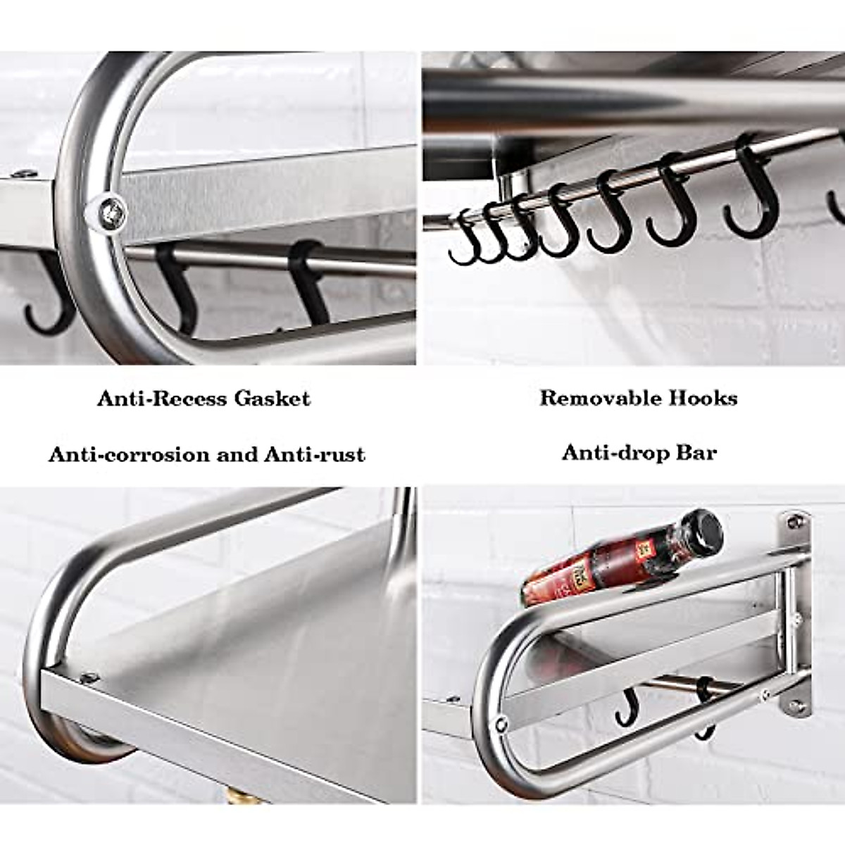 QUNIMA Microwave Shelf Wall Mount w/6 Hook, Microwave Hanging Kit, 22'' Stainless Steel Storage Shelves for Kitchen/Bathroom (Black/Weight 120 lbs)