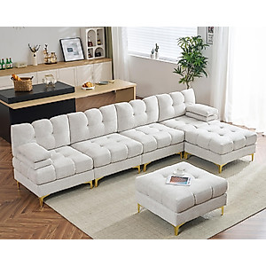PaPaJet 124 Inch Sectional Sofa, 6 Seater Modular Sectional Couch with Metal Legs, U Shaped Sofa Couch for Living Room, Beige Chenille