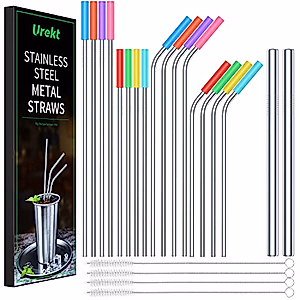 18-Pack Reusable Stainless Steel Straws with Soft Silicone Tips, Urekt 8.5" and 10.5" Long Metal Drinking Straw Set with 2pcs 0.4“ Extra Wide Boba Straws, 4 Cleaning Brushes Included