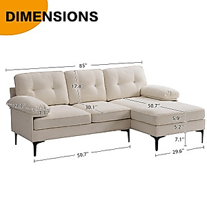 COCOLHOME L- Shaped Sectional Sofa 85" Convertible Modern Upholstered Couch Chenille Fabric with Reversible Chaise Detachable Washable Cover for Living Room, Apartment, Small Space (Cream)