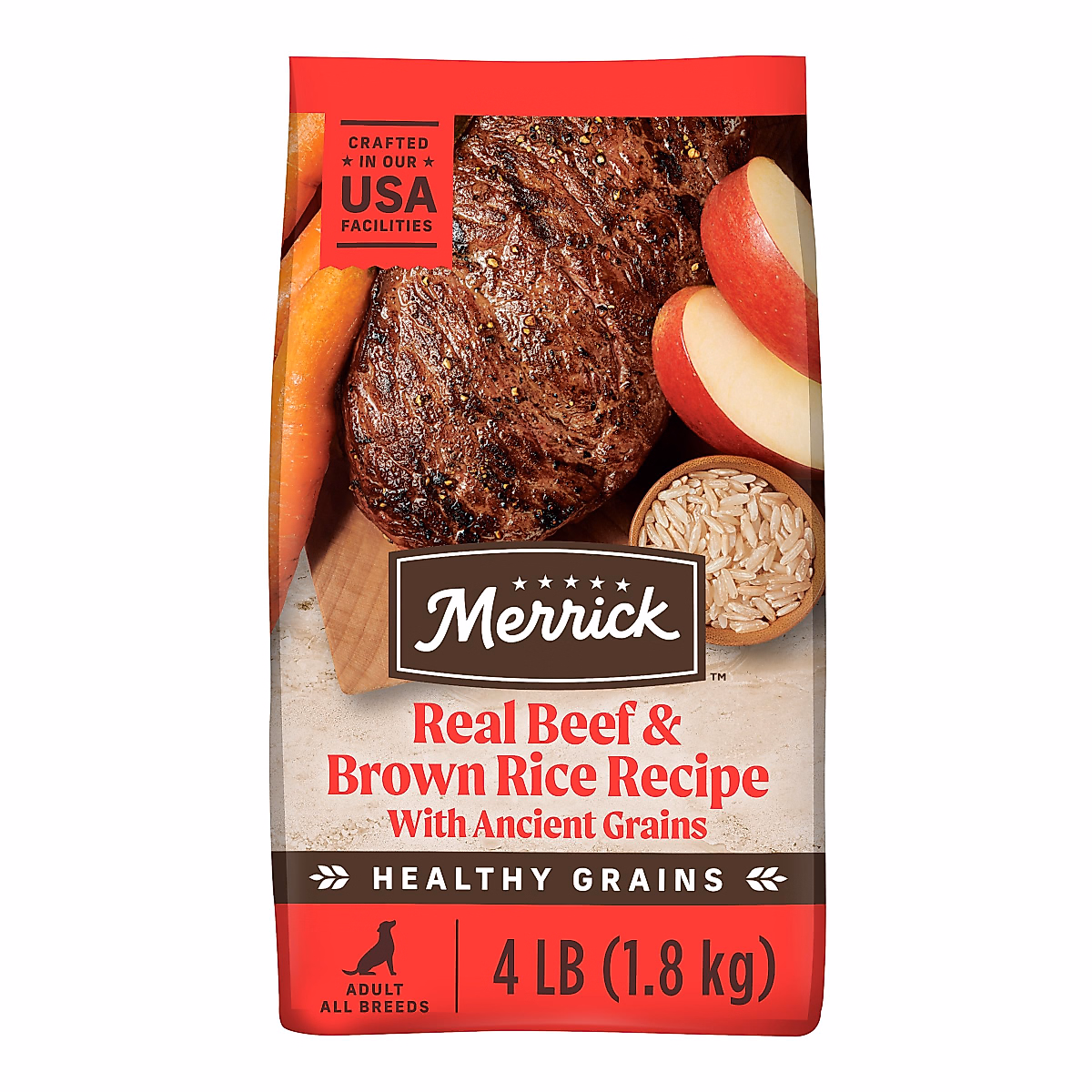 Merrick Healthy Grains Premium Adult Dry Dog Food, Wholesome And Natural Kibble With Beef And Brown Rice - 4.0 lb. Bag