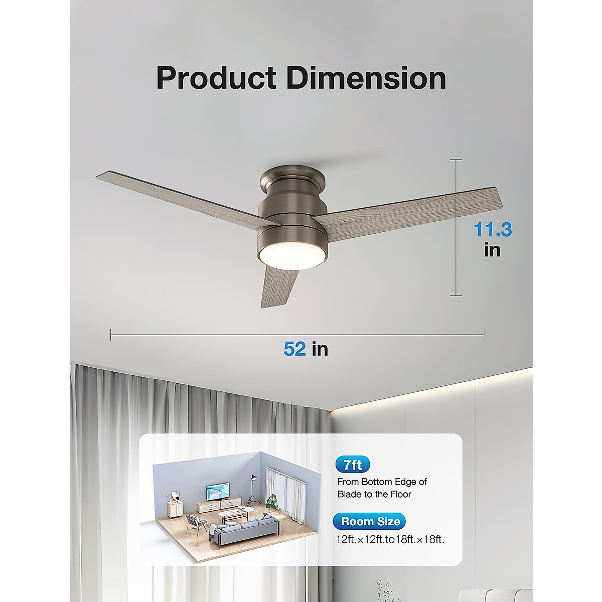 warmiplanet Flush Mount Ceiling Fans with Lights and Remote Control, 52-Inch,3 CCT Dimmable Light, Reversible Noiseless 6 Speeds DC Motor, Timer, Antique Nickel, 3-Blades