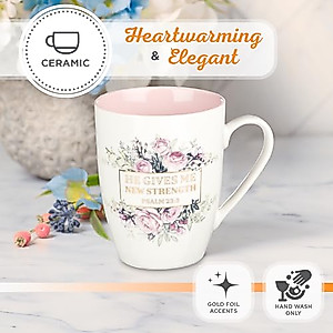 Christian Art Gifts Ceramic Coffee Mug 12 oz Inspirational Coffee Cup for Women – Women He Gives Me New Strength: Psalm 23:3 – Lead and Cadmium-Free Drinkware, White and Pink Floral Mug
