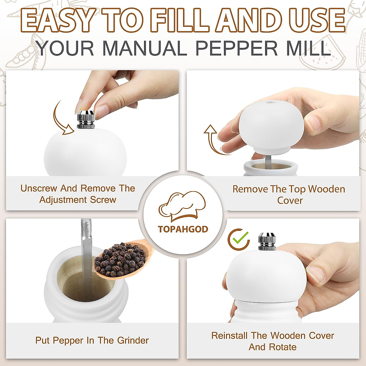 Salt and Pepper Grinder Set of 2 - Wood Salt and Pepper Mill with Adjustable Coarseness Ceramic Core - Manual Salt Grinders Refillable Spice Mills - Pepper Shakers for Sea Salt/Chili/Sesame, 6.5 Inch