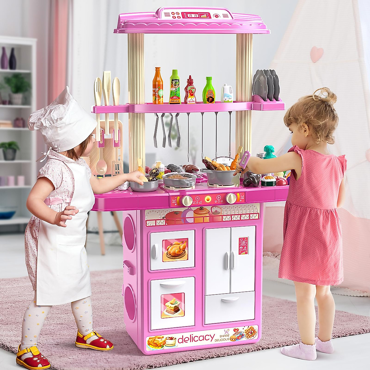 TEMI 2-in-1 Kitchen & Grill Playset for Kids - With 60-Piece Accessories, Sounds & Lights | Pretend Play Kitchen Set for 3+ Year Old Girls & Boys